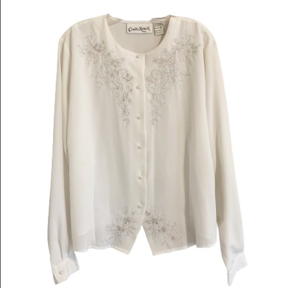 Vintage | Tops | Vintage Blouse Twee Cottagecore White Floral Embroider ...